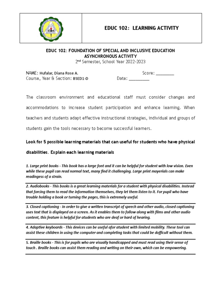 Educ 102 Learning Activity | PDF