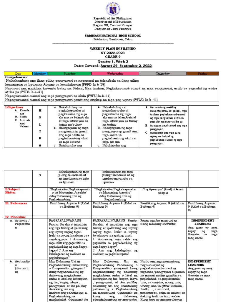 Fil 9 q1 Weekly DLL w2 | PDF