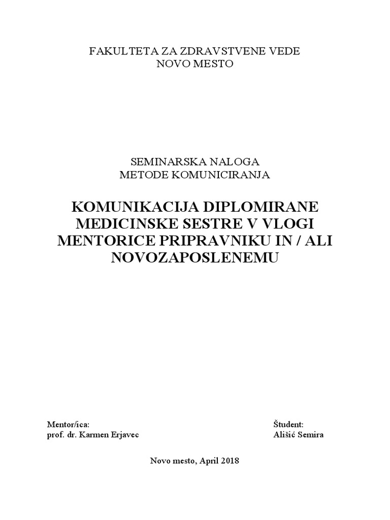 Komunikacija Diplomirane Medicinske Sestre V Vlogi Mentorice ...