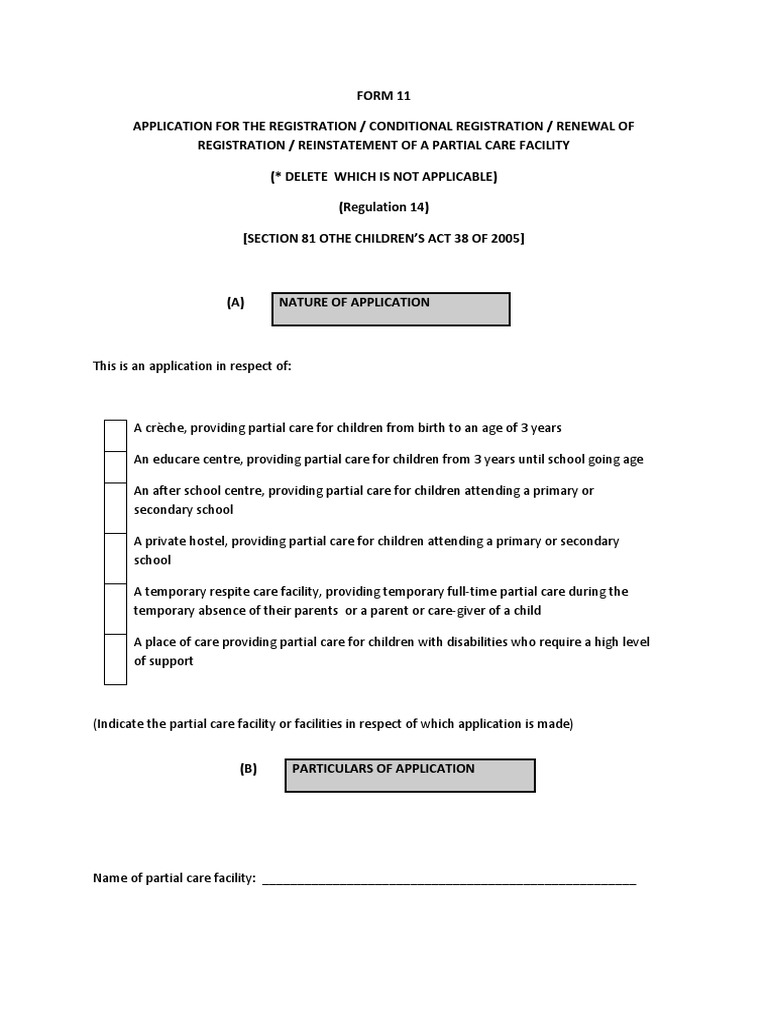 Form 11 Registration of Partial Care Facility | PDF