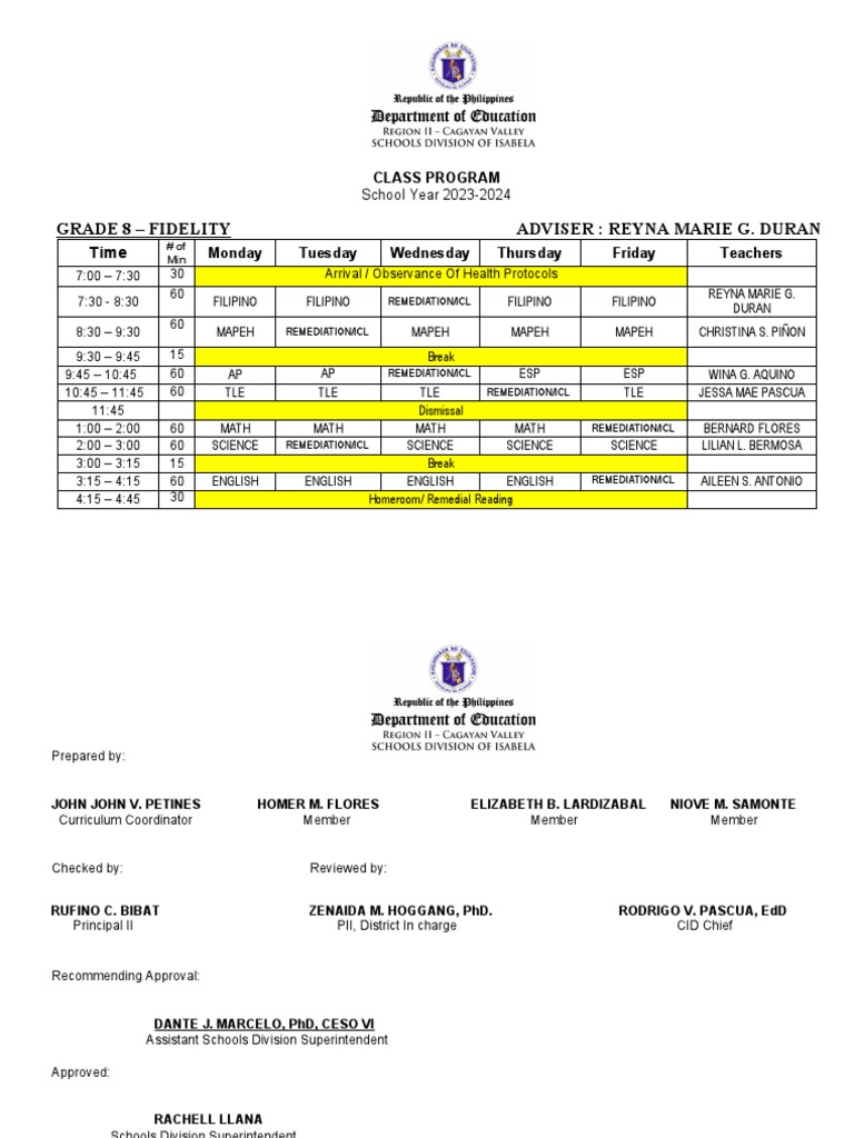 Class-Program-2023-2024 Teacher Final | PDF | Schools | Governance