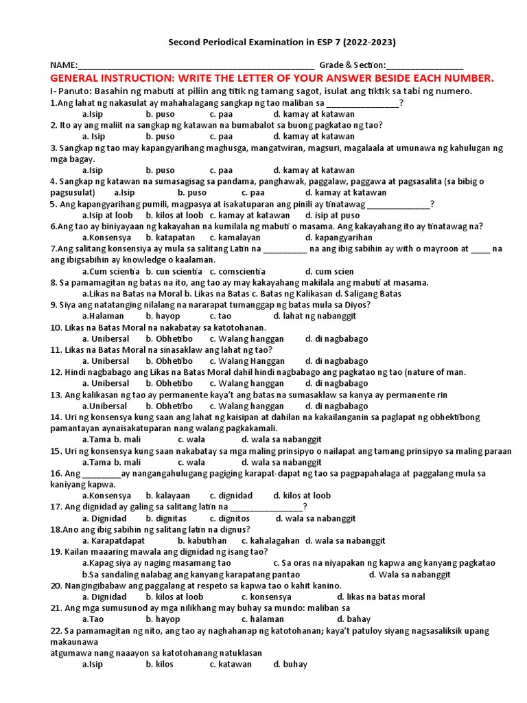 2nd Quarter Exam ESP7 | PDF