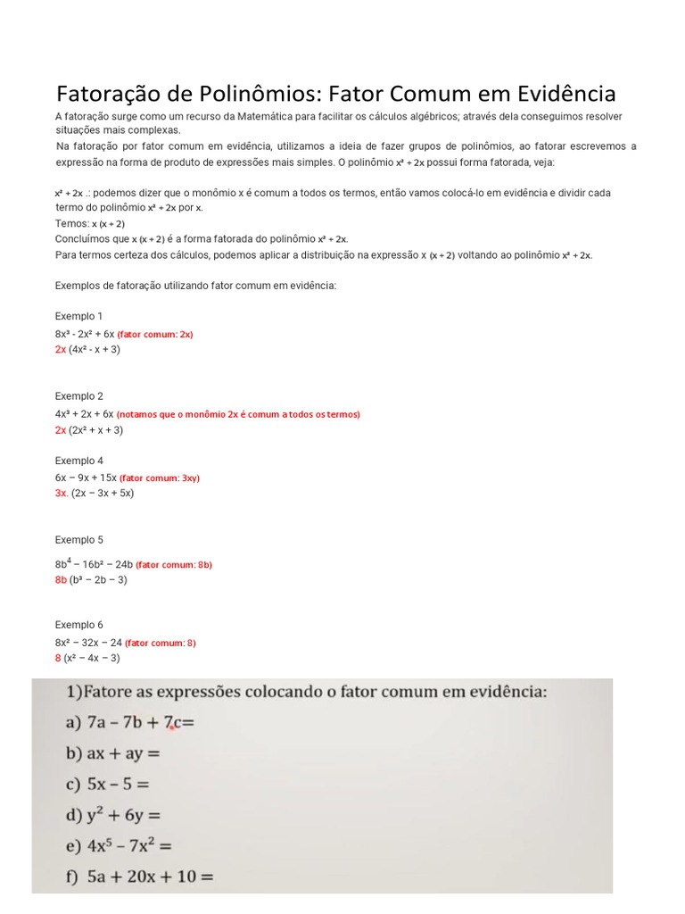 Fatoração - Fator Comum em Evidência - Brasil Escola | PDF Fatoração - Fator Comum em Evidência - Brasil Escola | PDF