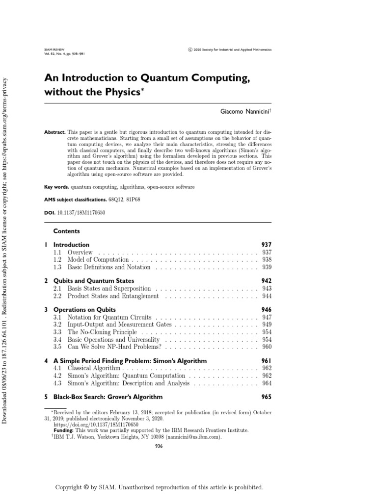 An Introduction To Quantum Computing Without The Physics Giacomo Nannicini 46 2020 | PDF ...