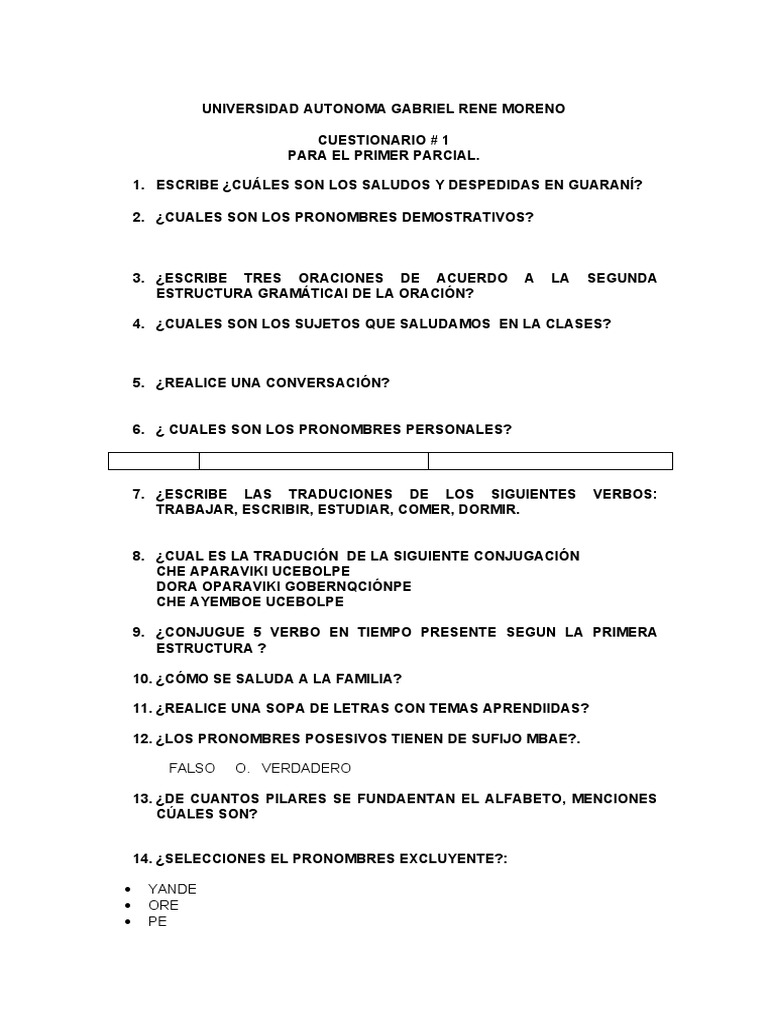 Cuestionario #1 - para Examen | PDF