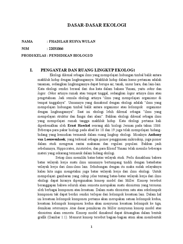 FHADILAH RUSVA WULAN Tugas Pertemuan 1 Dasar-Dasar Ekologi | PDF | Ilmu Sosial