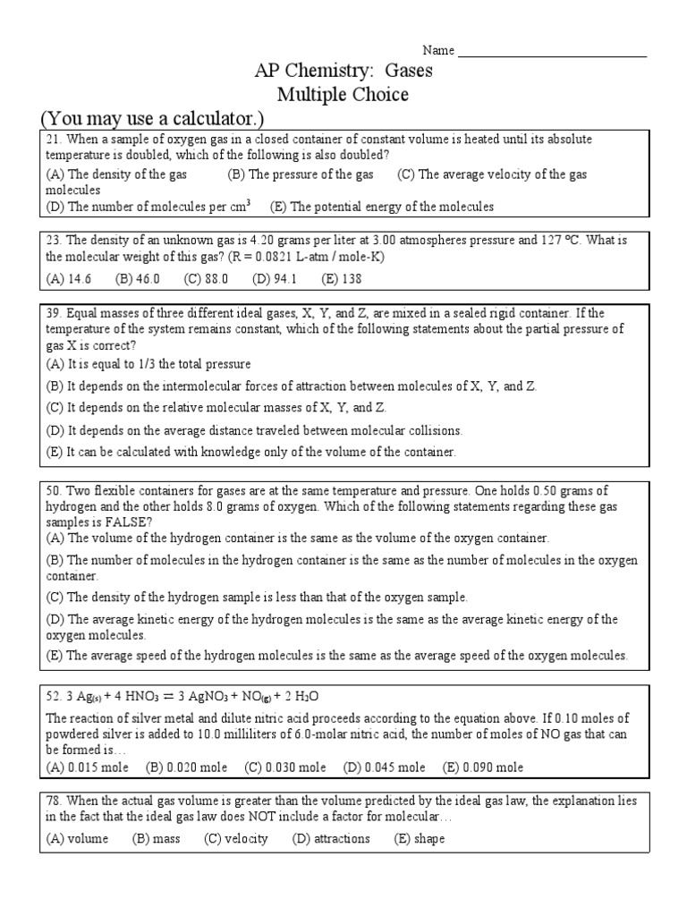Gases (AP MC) | PDF | Gases | Mole (Unit)