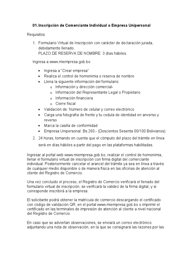 FUNDAEMPRESA-Inscripción de Comerciante Individual o Empresa Unipersonal | PDF