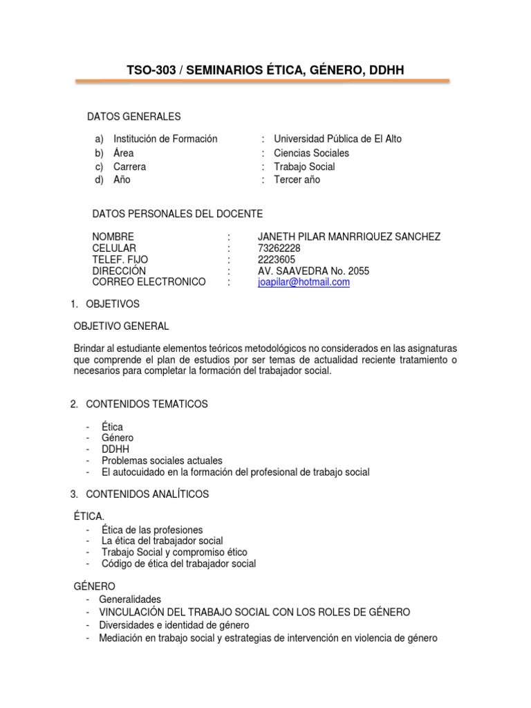Plan Seminario de Etica Genero y DHH | PDF | Evaluación | Trabajo Social