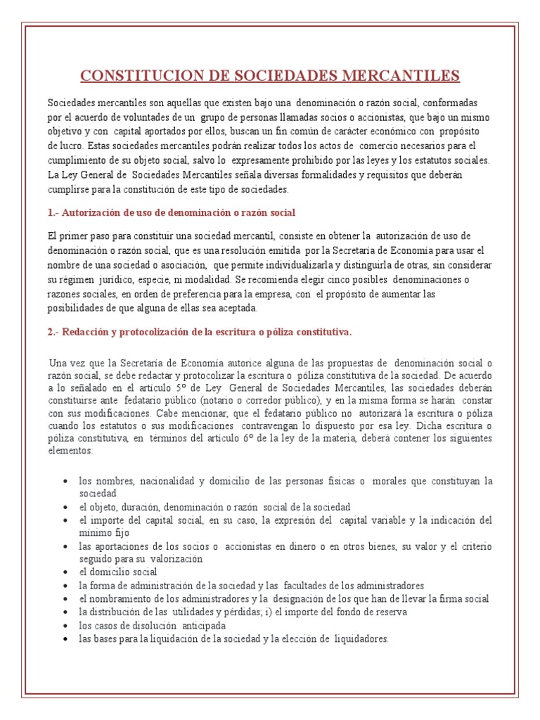 Constitucion de Sociedades Mercantiles | PDF | Sociedad de responsabilidad limitada | Negocios ...