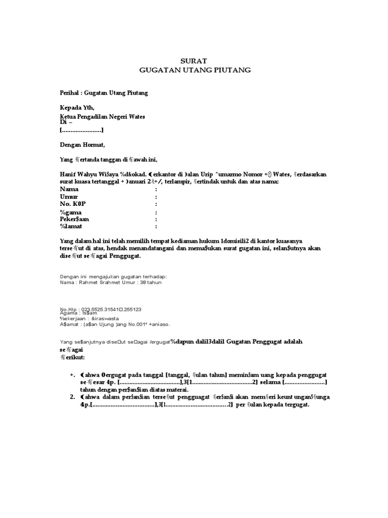 PDF Contoh Surat Gugatan Utang Piutang Yang Resmi Baik Benar Format Word Doc Compress | PDF