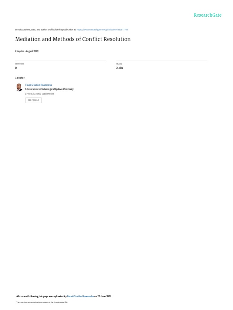 Mediation and Methods of Con Ict Resolution: August 2019 | PDF