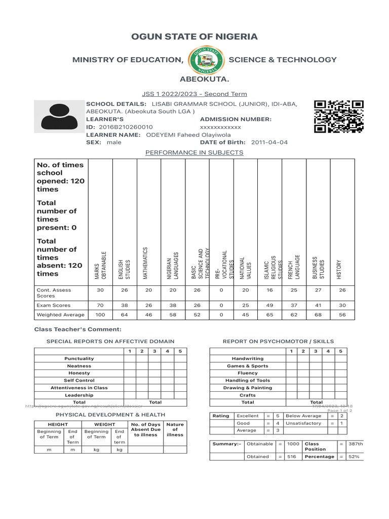 OGSERA - Student Reportsheet | PDF