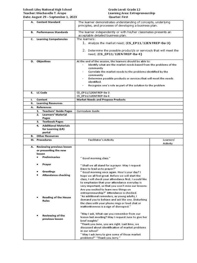 Detailed Lesson Plan On Entrepreneurship-W1 | PDF
