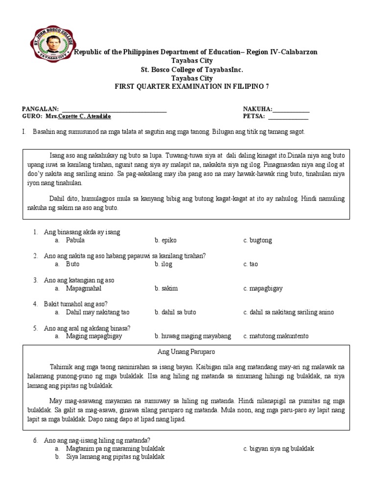 1st Quarter Exam in Filipino 7 | PDF