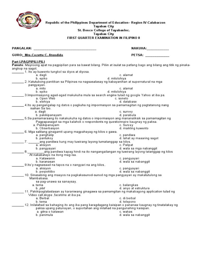 1st Quarter Exam in Filipino 10 | PDF
