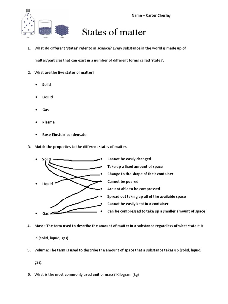 6.1 States of Matter Summary Worksheet | PDF