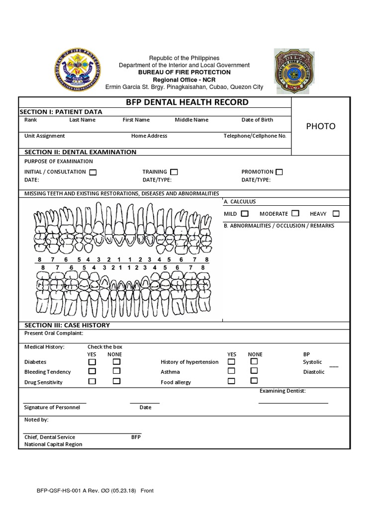 BFP Dental Health Form 12023 | PDF
