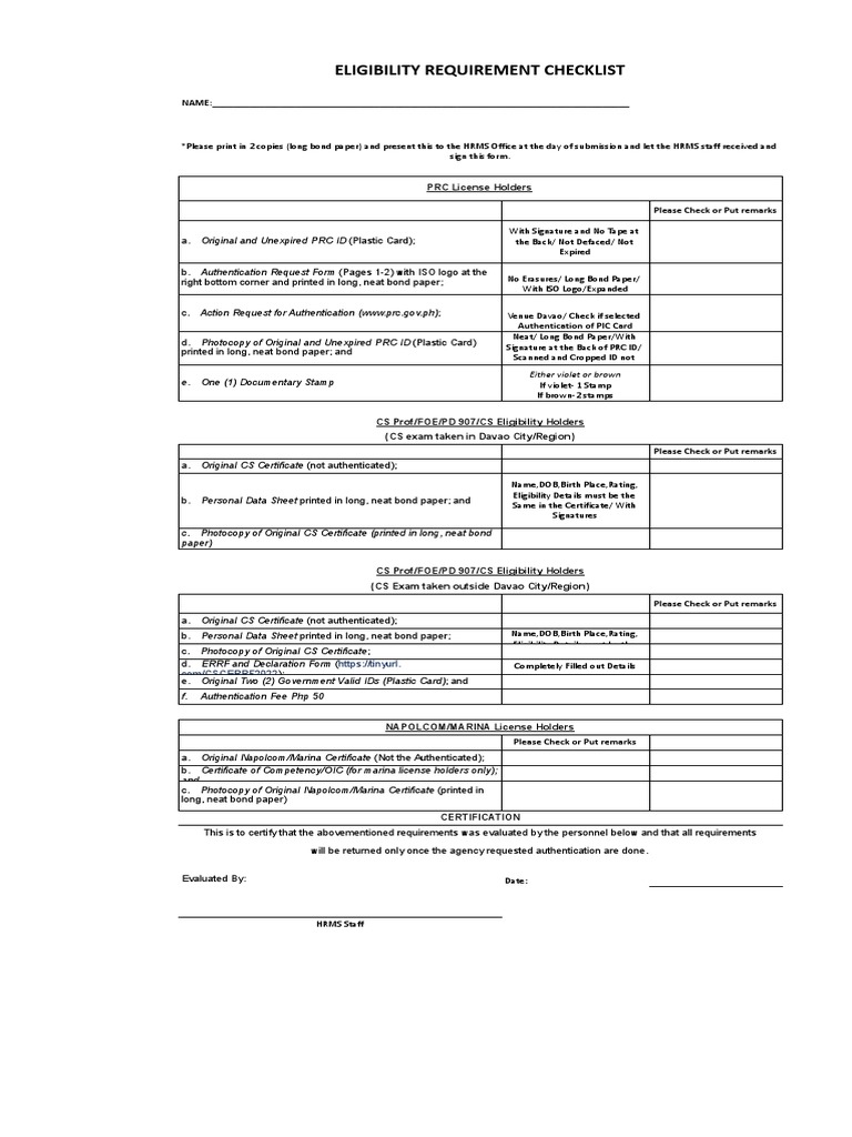 Checklist Eligibility 1.Xlsx Checklist | PDF | Written Communication | Authentication