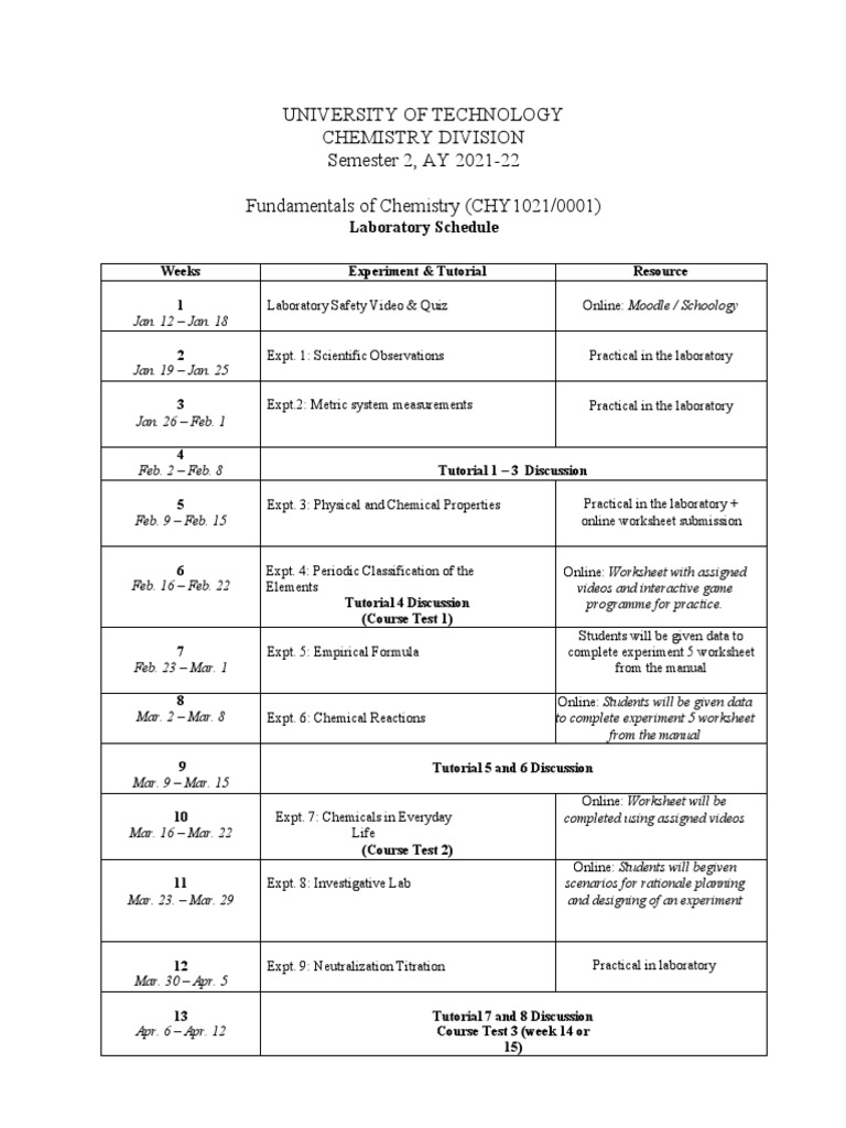 CHY1021 Laboratory+Schedule Semester 2 | PDF