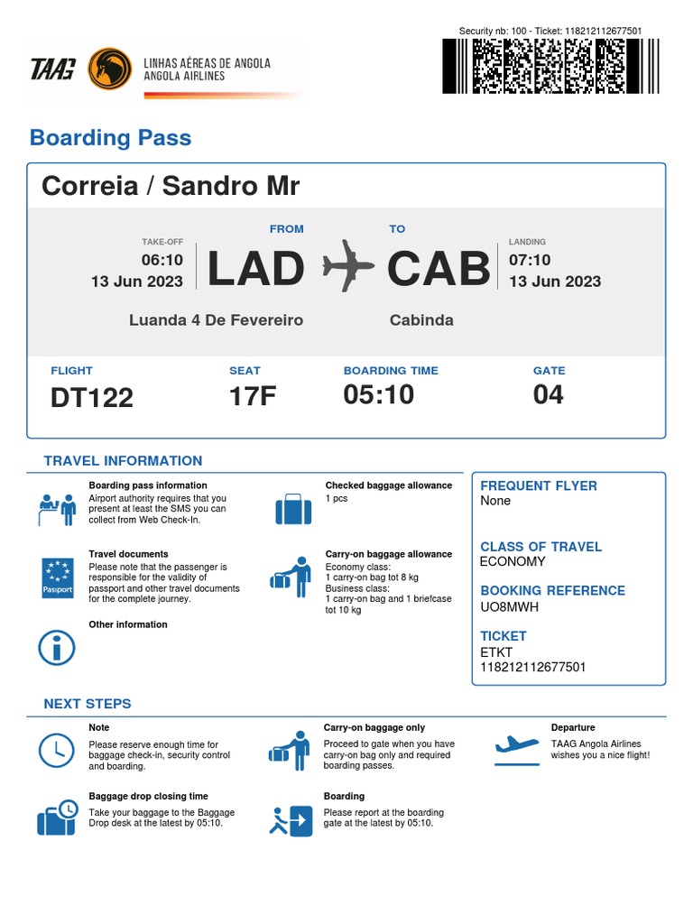 TAAG Flight DT122 Boarding Pass Info | PDF