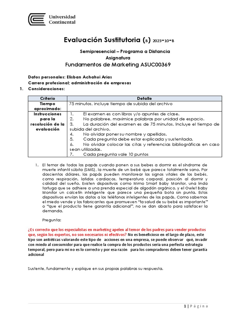 Evaluacion Sustitutoria 1 2023 10B | PDF