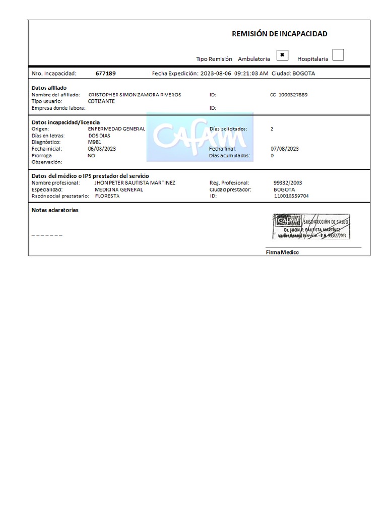 Cafam Incapacidad CC 1000327889 Ncjaj2jnask9nsn7j 1 | PDF