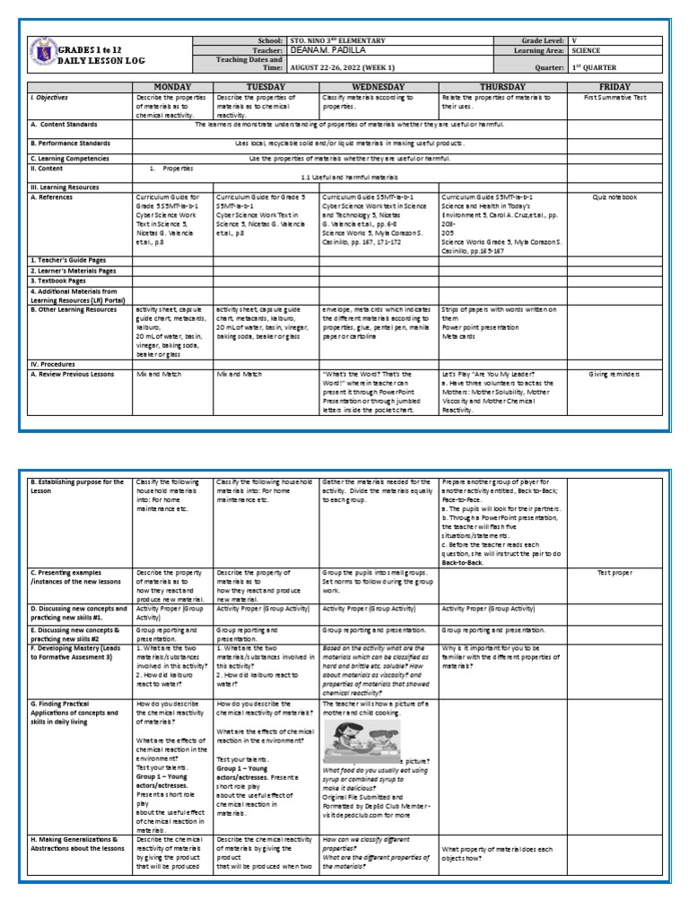 Grade 5 DLL Q1 Week Science | PDF | Chemical Substances | Reactivity ...
