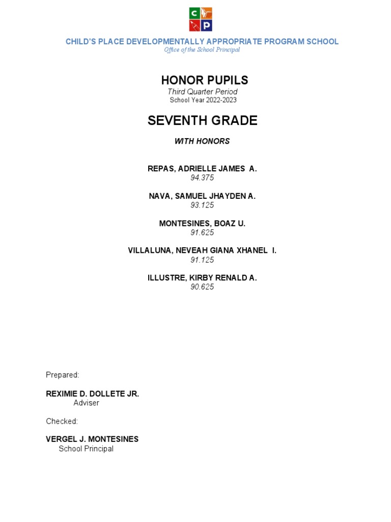 3QWITH-HONORS-7TH AND 5TH-Grade | PDF