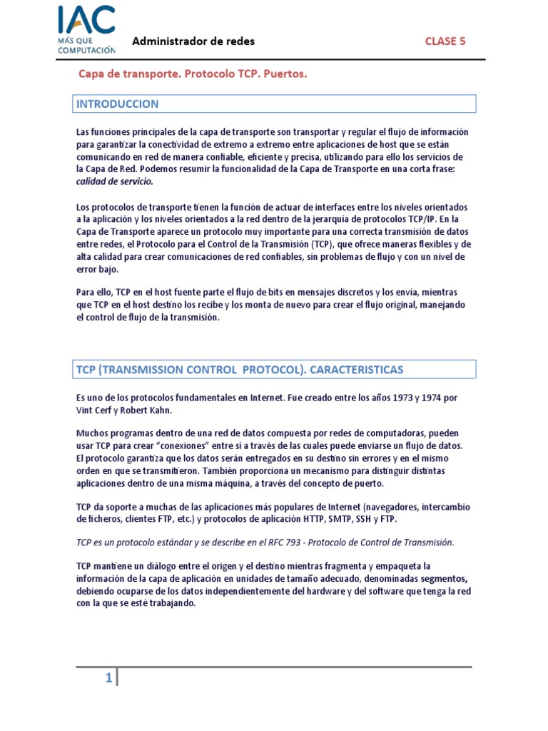 Clase 07 - Ar - Capa de Transporte, TCP, Puertos | PDF | Protocolo de Control de Transmisión ...