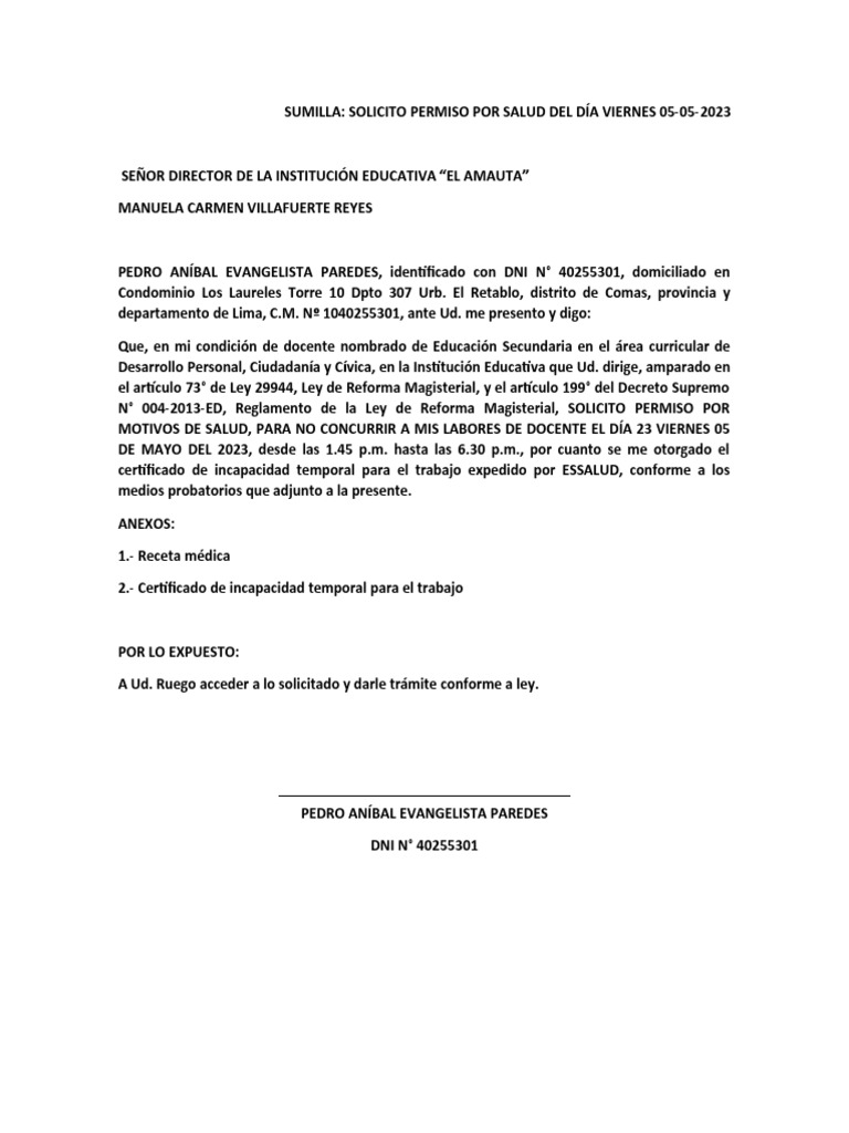 Solicitud Por Motivos de Salud | PDF