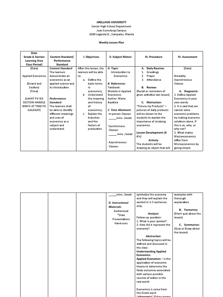 Weekly Lesson Plan: Introduction to Economics | PDF | Economics ...