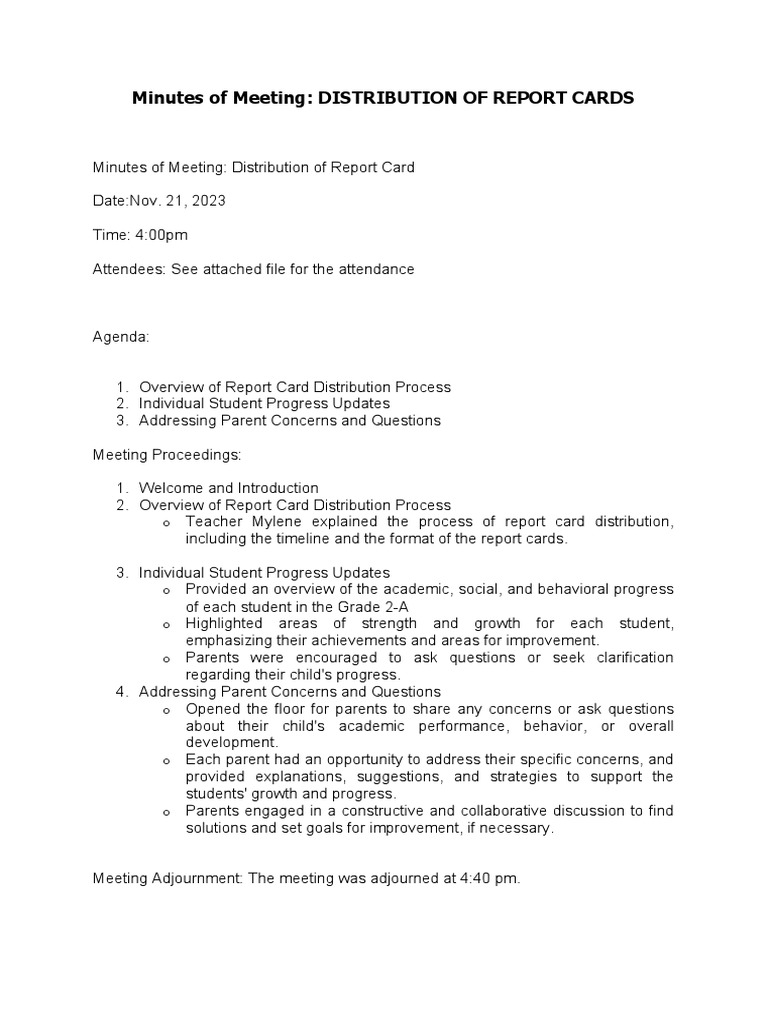 Minutes of Meeting - Distribution of Report Cards | PDF