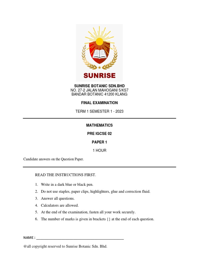 Pre 02 Term 1 Sem 1 - 2023 Paper 1 - 6 Copies | PDF