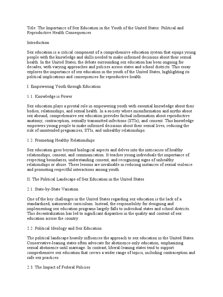 The Importance Of Sex Education In The Youth Of The United States