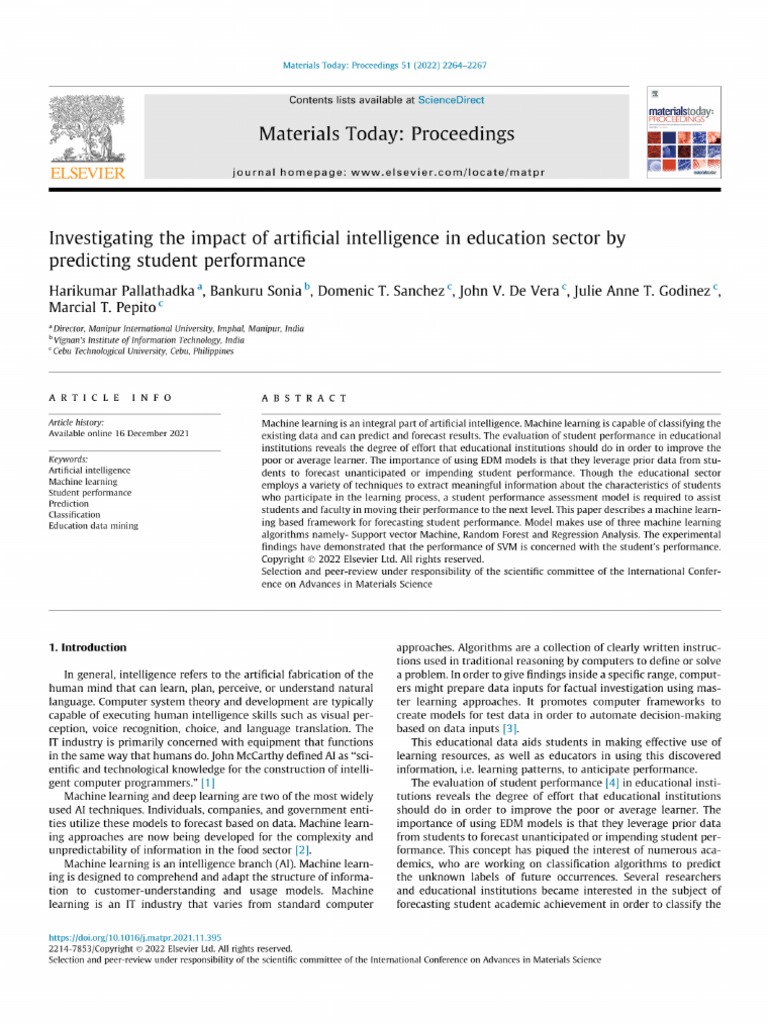 Investigating The Impact of Artificial Intelligence in Education Sector by Predicting Student ...