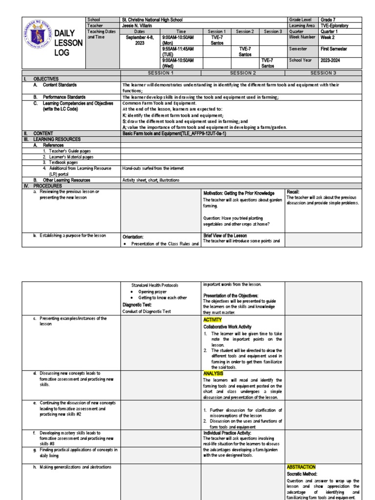 Grade 7 Daily Lesson Log: Farm Tools | PDF | Educational Assessment ...