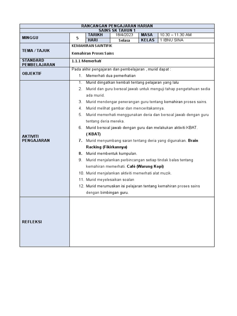 RPH Ringkas Minggu 4 Sains SK THN 1 2023 by Cikgu Gorgeous | PDF | Seni & Disiplin Bahasa ...