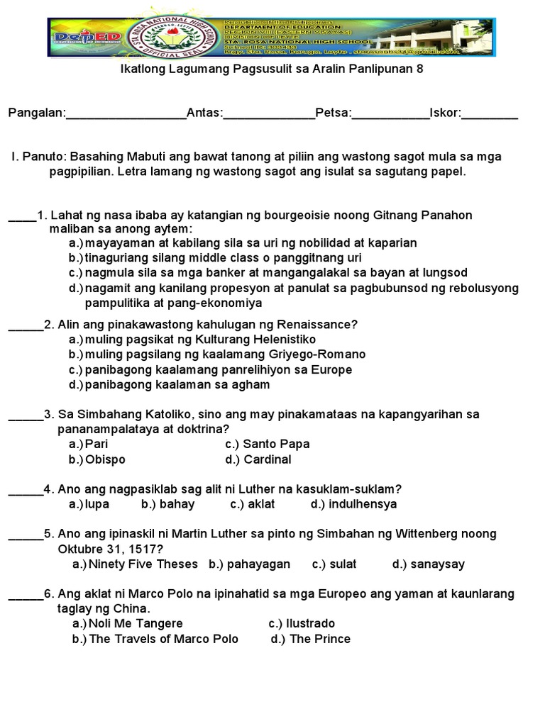 Ikatlong Lagumang Pagsusulit sa Aralin Panlipunan 8 - Copy | PDF