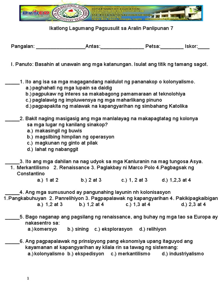 Ikatlong Lagumang Pagsusulit Sa Aralin Panlipunan 7 | PDF