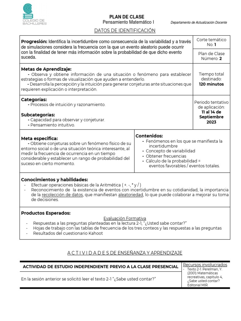 Plan de Clase Ejemplo | PDF | Probabilidad | Aleatoriedad