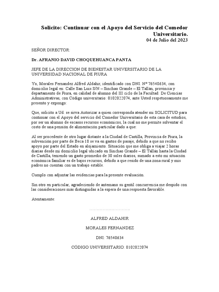 Solicitud Comedor Universitario | PDF