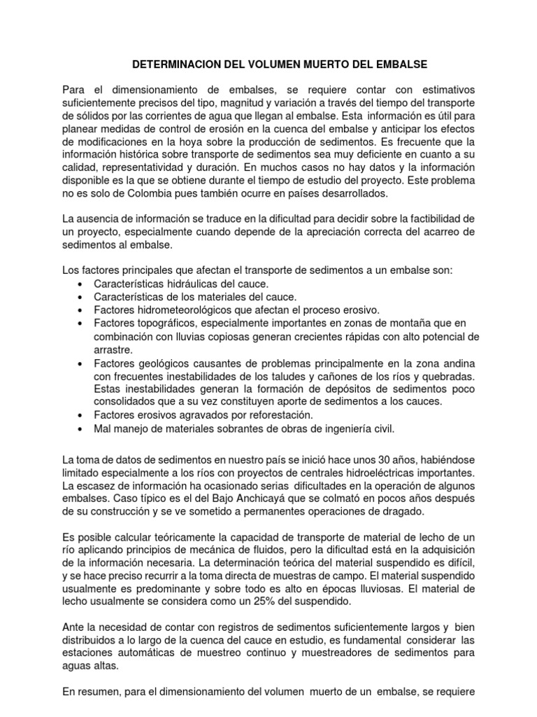 Determinacion Del Volumen Muerto Del Embalse | PDF | Reservorio ...