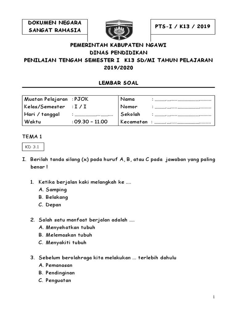 Soal PTS Pjok KLS I | PDF | Olahraga & Rekreasi | Metode & Bahan Ajar