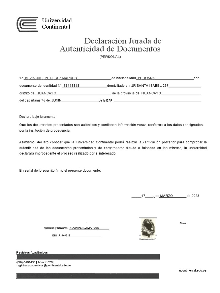 Declaración Jurada de Autenticidad de Documentos | PDF