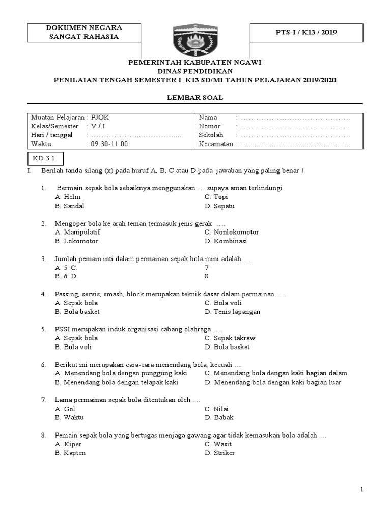 Soal PTS Pjok KLS V | PDF