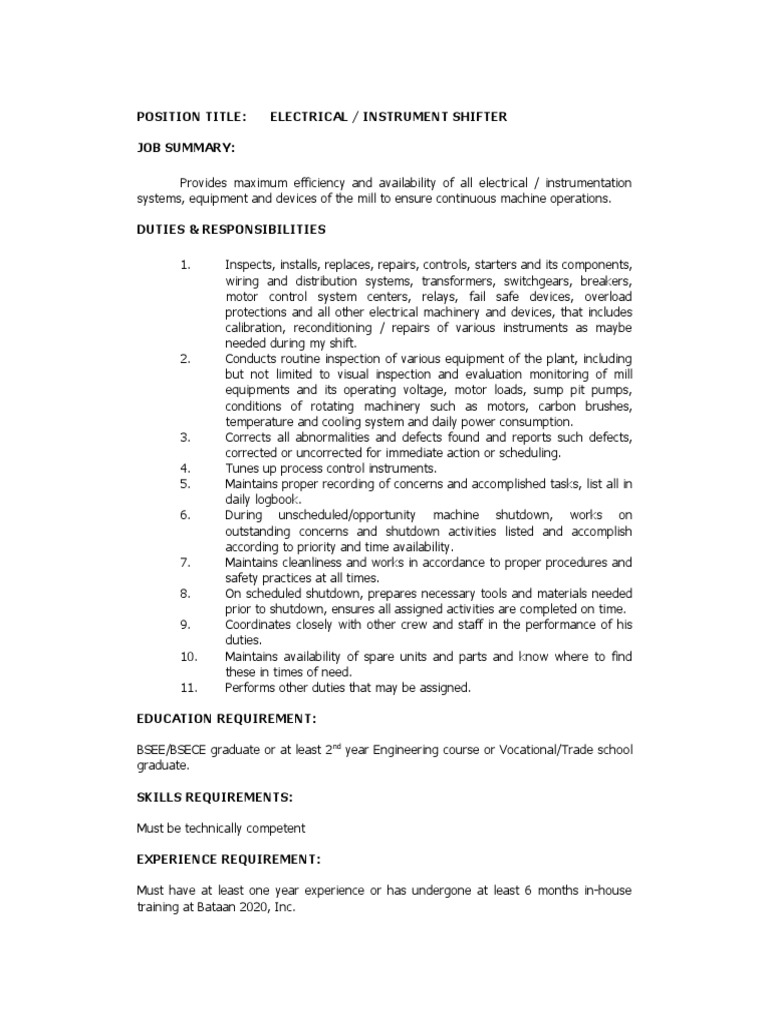EI Shifter Job Description | PDF | Electric Motor | Machines