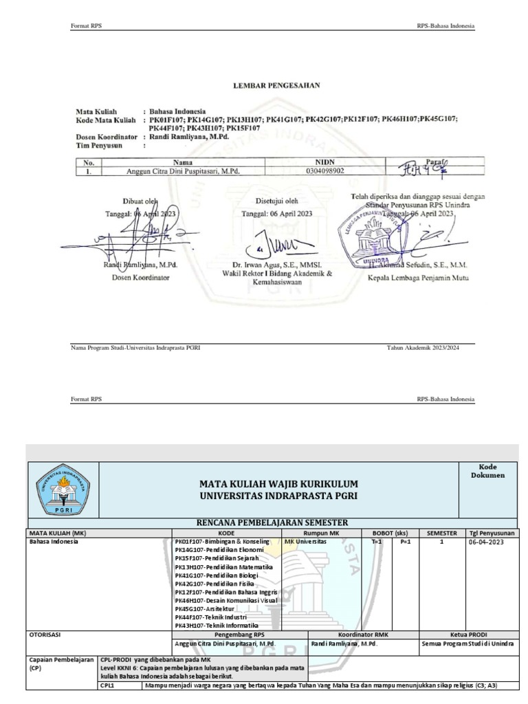 RPS - Bahasa Indonesia - 2023 - 2024 - Kurikulum OBE - Revisi | PDF