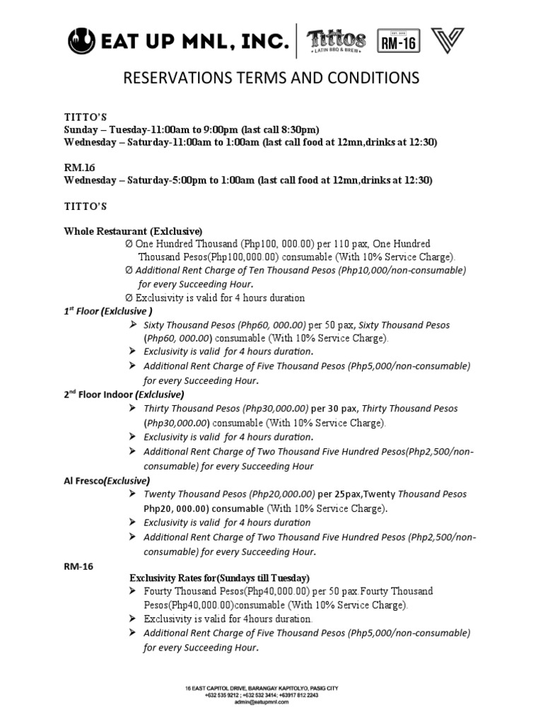 Titto's RM-16 Exclusive Reservation Rates | PDF