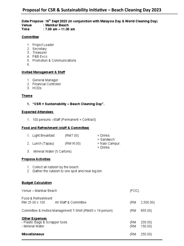 Sample - CSR + Sustainability - Beach Cleaning Day Proposals 2023 | PDF